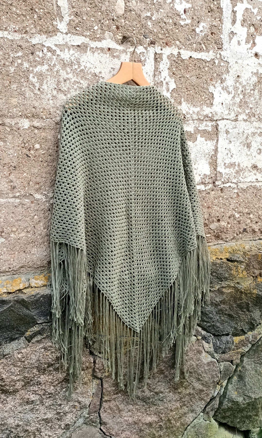 Handmade Shawl Crochet Shawl Wraps Green Shawl Fringed Boho Shawl Hand ...