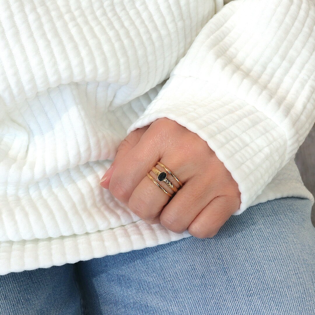 Gold Stainless Steel Ring With Black Stone, Adjustable Women's Ring ...