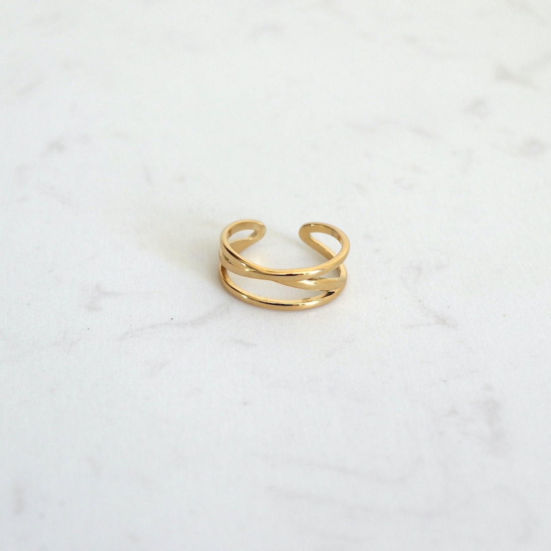Bague acier inoxydable doré,bague ajustable deux rangs croisés pour ...