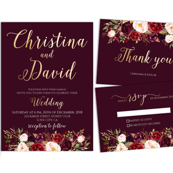 Burgundy Wedding Invitation - Etsy