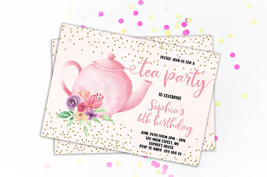 Girls Tea Party Invitation Tea Party Birthday Blush Pink Gold | Etsy