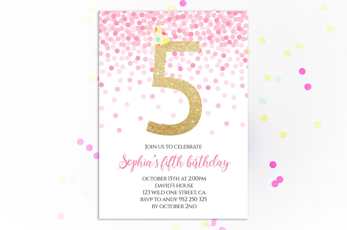 Girl 5th Birthday Invitation Confetti Invitation Blush Pink - Etsy