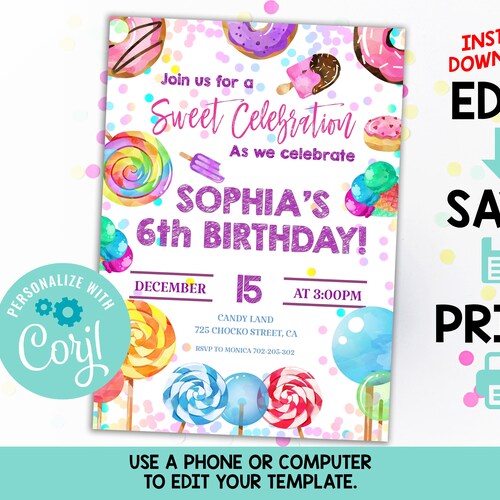 Candy Party Invitation Editable Template Sweet Celebration - Etsy