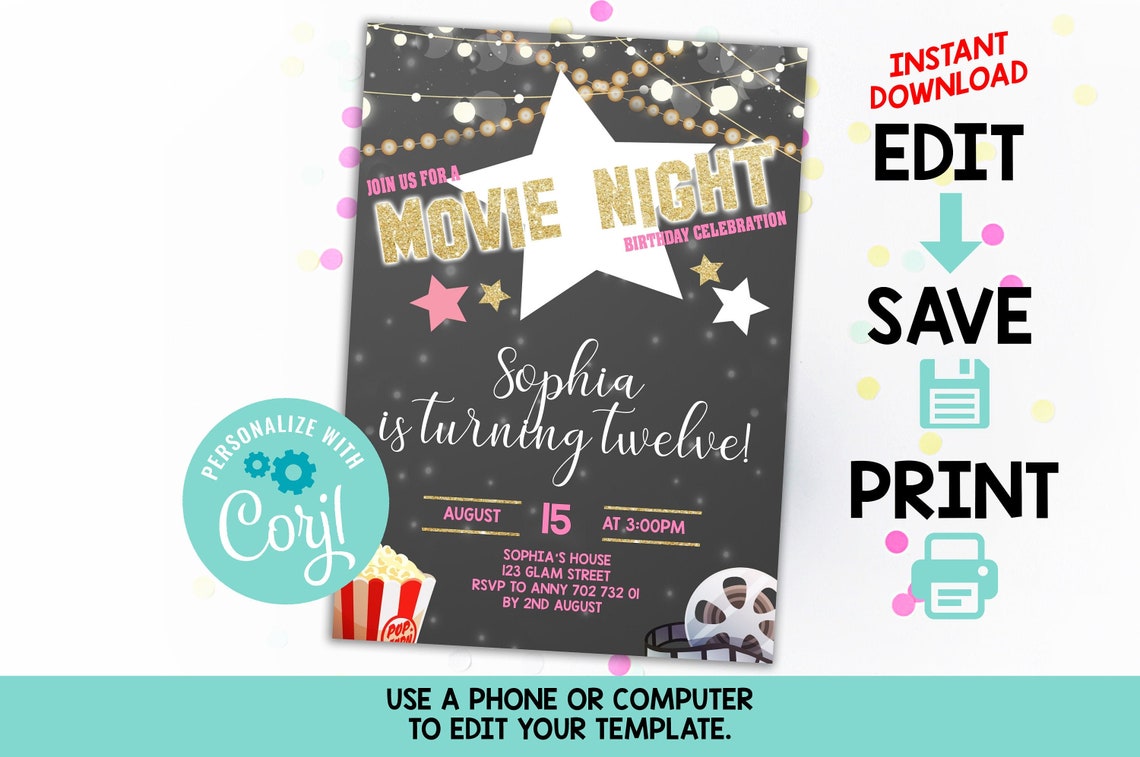 EDITABLE Girls Movie Night Birthday Invitation Under the Stars | Etsy