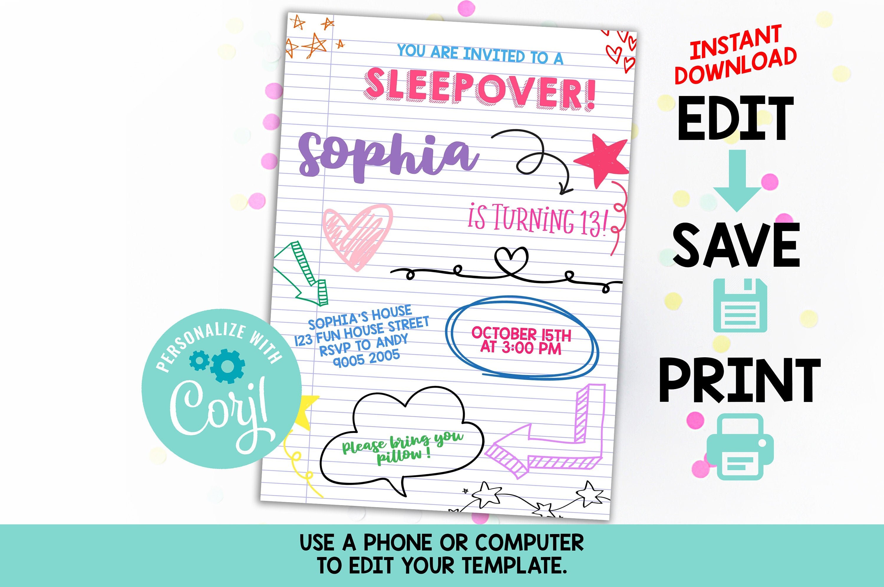 EDITABLE Sleepover Invitation Tween Girls Girl Teen Party | Etsy