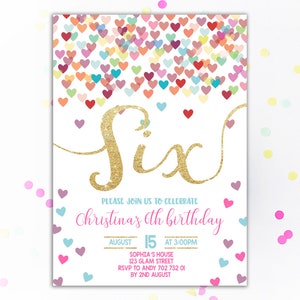6th Birthday Invitation Girl Sixth Birthday Invitations Colorful Hearts ...