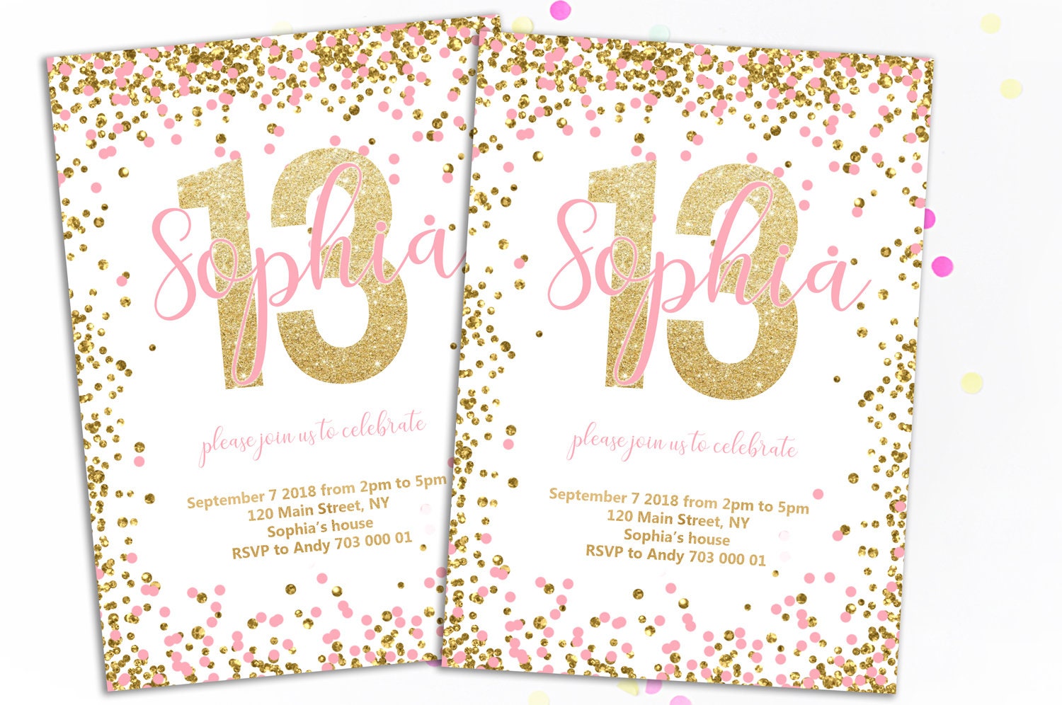 Girl 13th Birthday Invitation Pink and Gold Thirteenth | Etsy