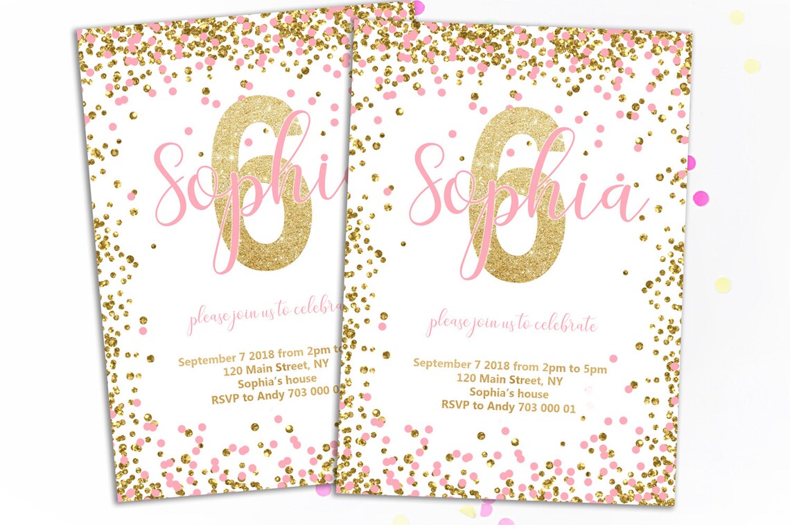 Girl 6th Birthday Invitation Pink and Gold Sixth Birthday | Etsy
