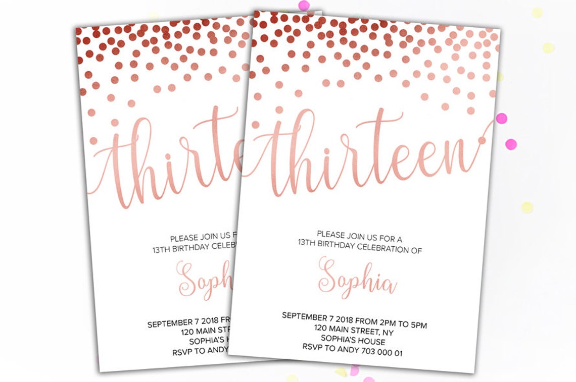 13th Birthday Invitations Rose Gold Confetti Birthday - Etsy