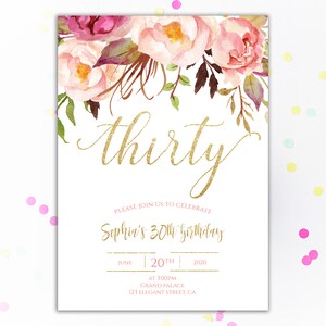 30th Birthday Invitations Women Floral Boho Gold Glitter Blush Pink ...
