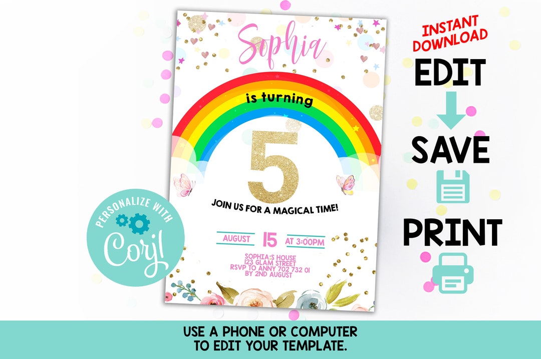 5th Birthday Girl Rainbow Invitation EDITABLE TEMPLATE - Etsy