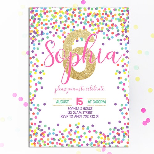 6th Birthday Invitation Editable Pink Gold Confetti Girl 6th - Etsy