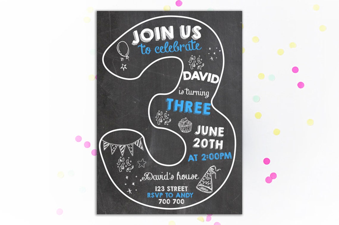 Third Birthday Invitation Chalkboard Invite 3rd Birthday Boy - Etsy