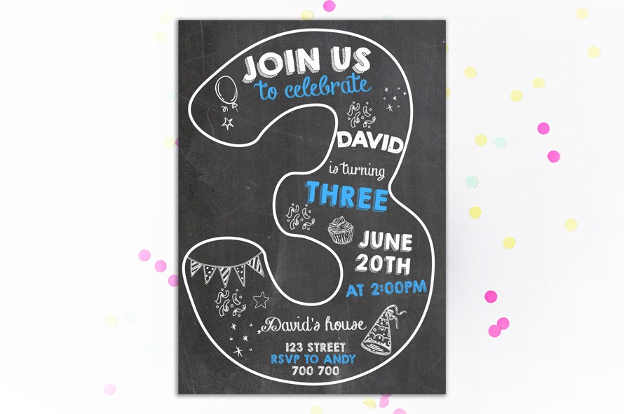 Third Birthday Invitation Chalkboard Invite 3rd Birthday Boy - Etsy