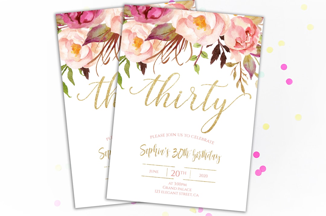 30th Birthday Invitations Women Floral Boho Gold Glitter Blush Pink ...