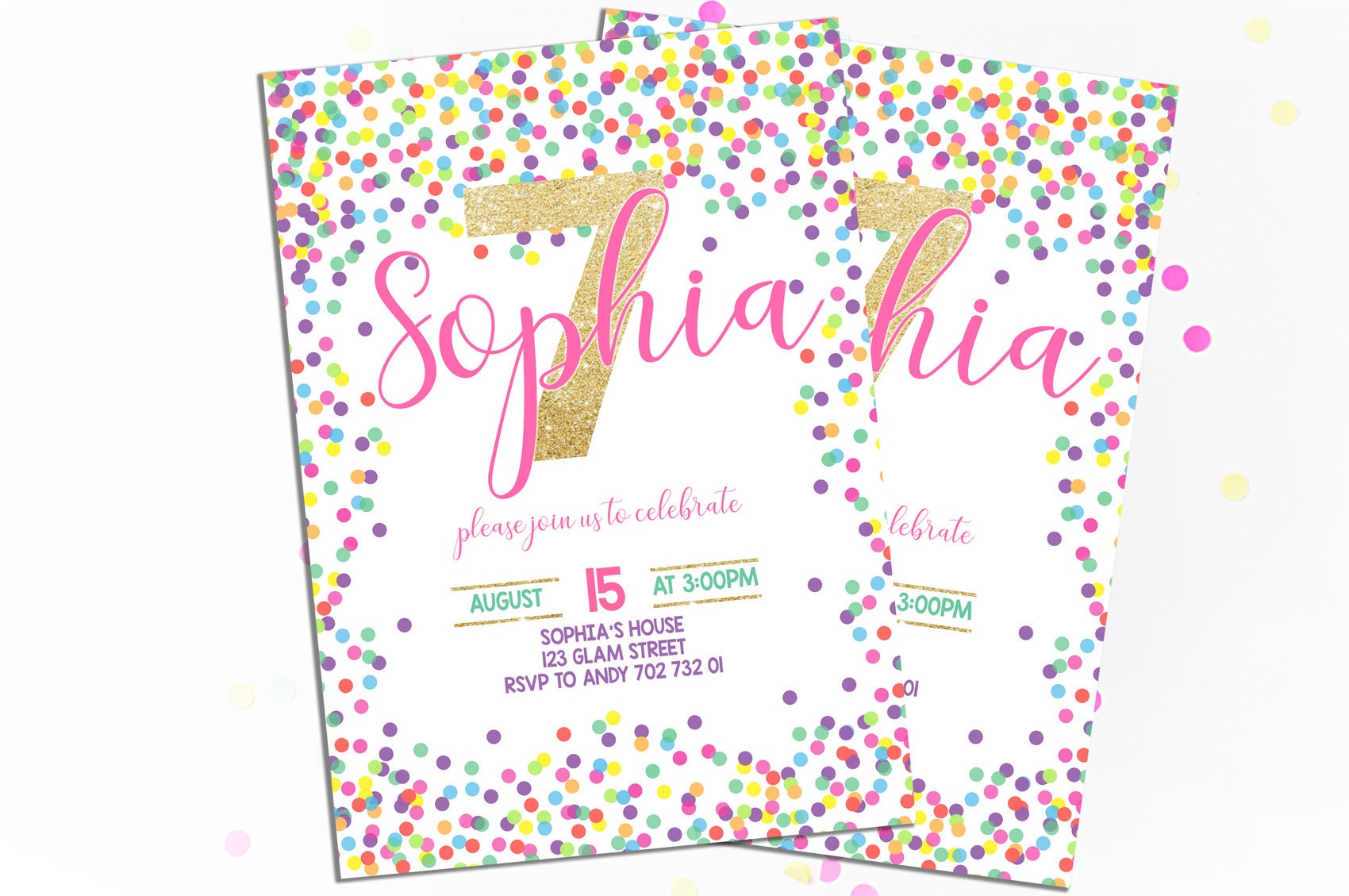 7th Birthday Invitation Girl Birthday Invite Confetti Birthday | Etsy