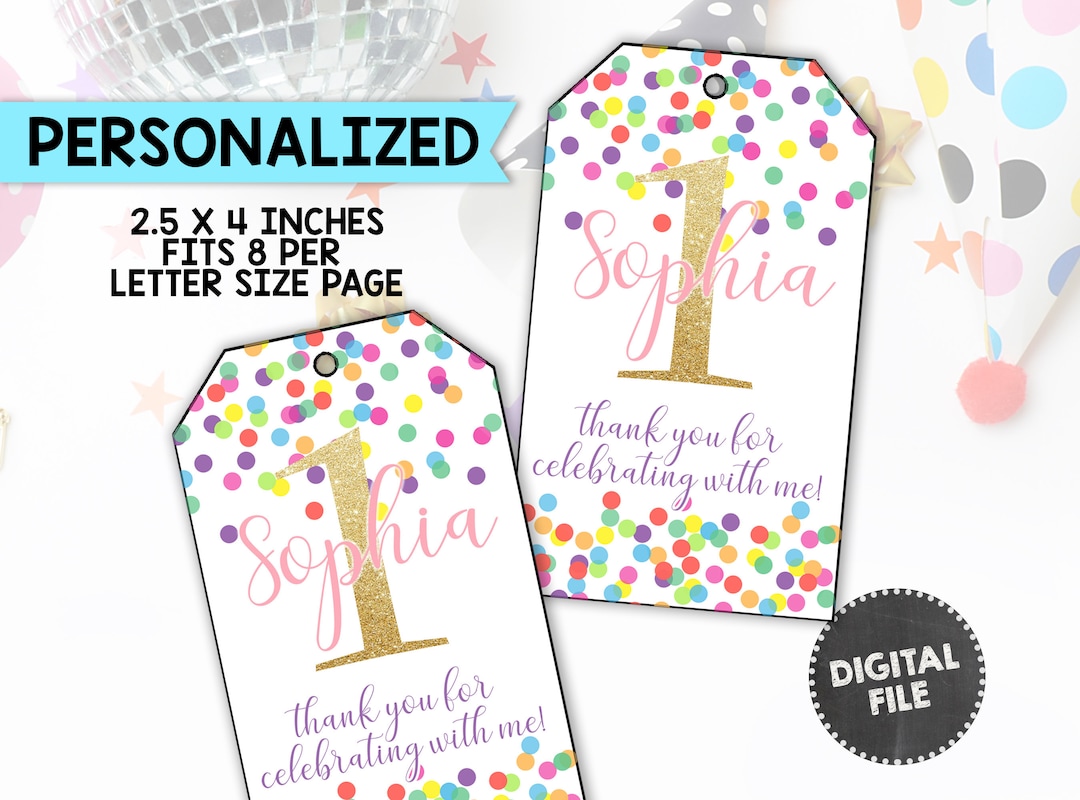 Girl 1st Birthday Thank You Tags Rainbow Confetti Favor Tags Gold Favor ...