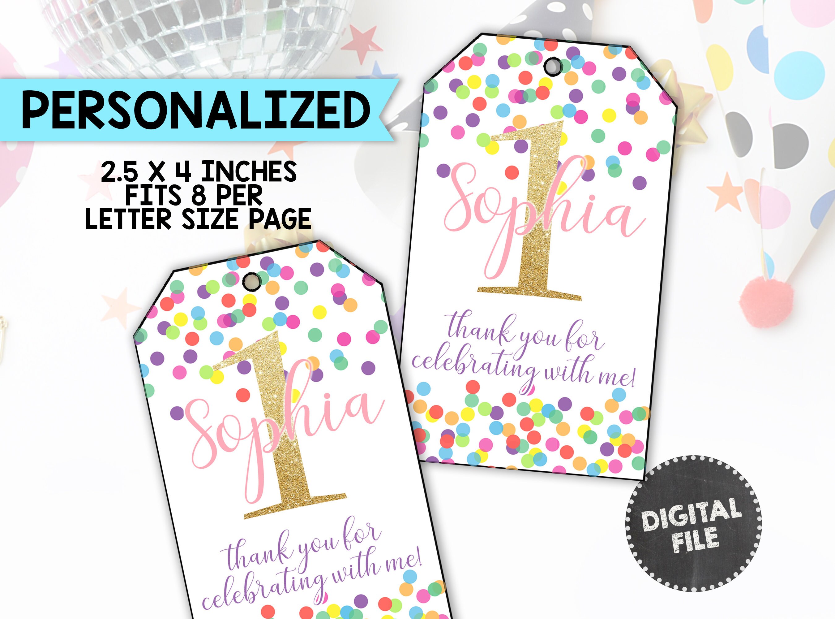 Girl 1st Birthday Thank You Tags Rainbow Confetti Favor Tags | Etsy