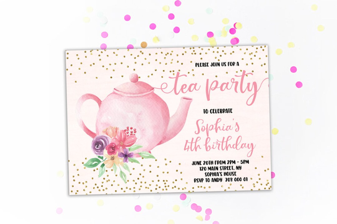 Girls Tea Party Invitation Tea Party Birthday Blush Pink Gold Glitter ...
