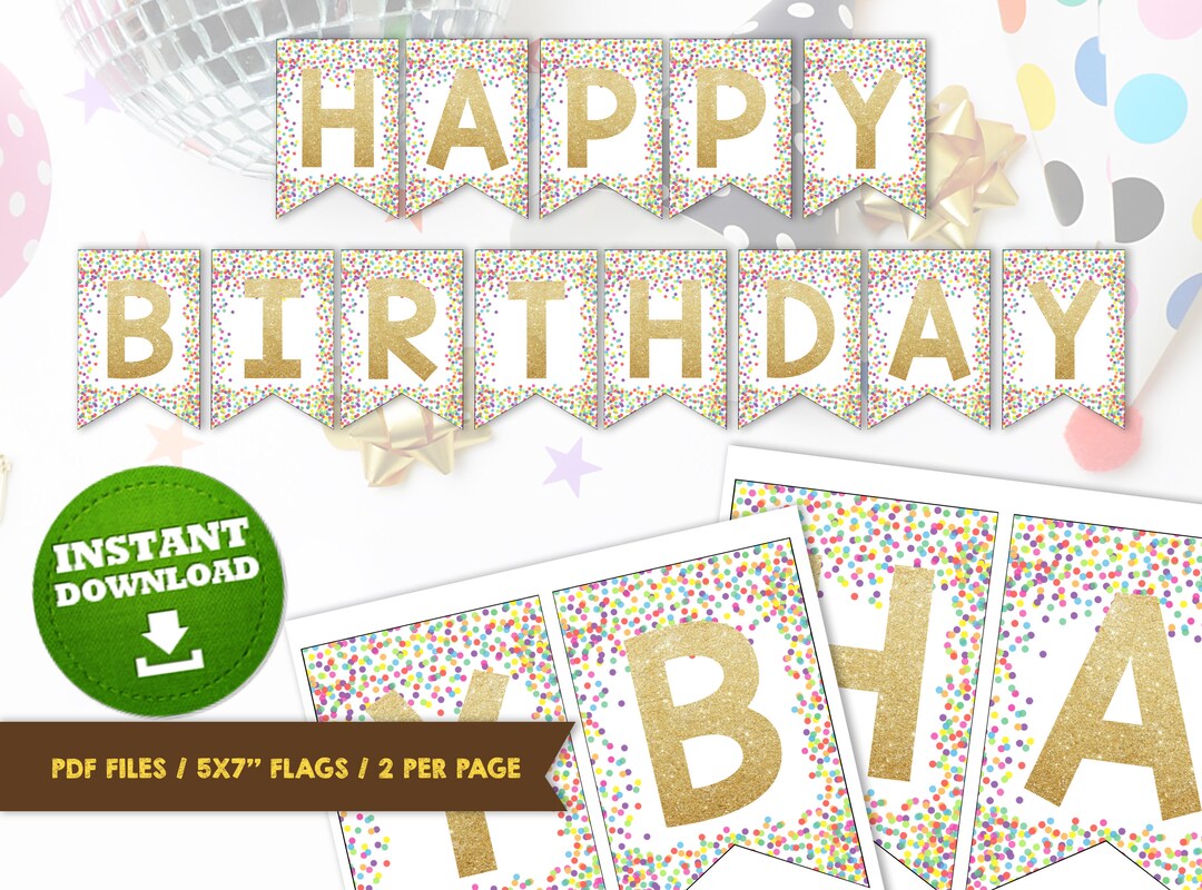 Rainbow Confetti Banner Happy Birthday Banner Printable Girl Birthday ...