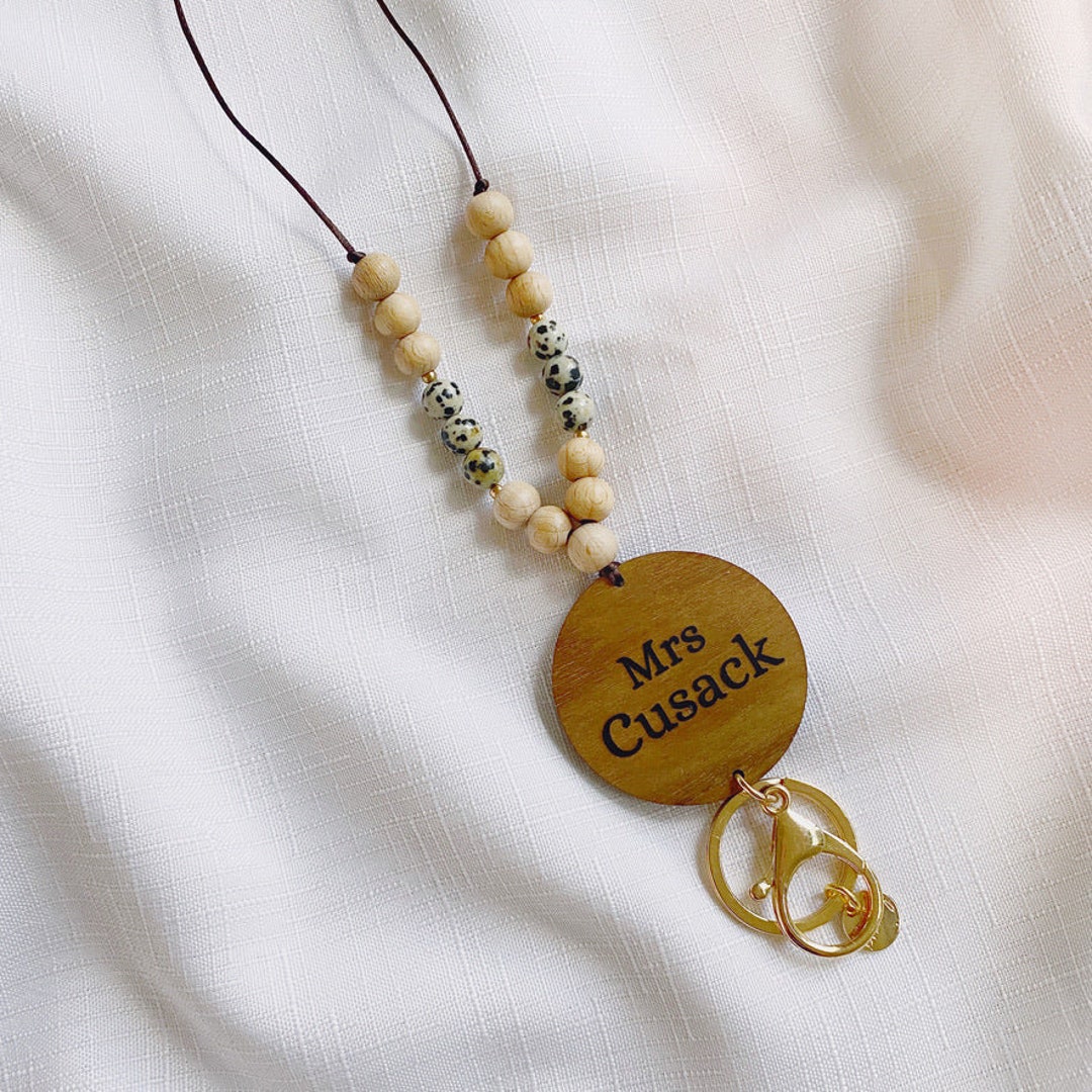Wooden Disc Lanyard HALF | Jasper | PERSONALISED | Wood Beads ...