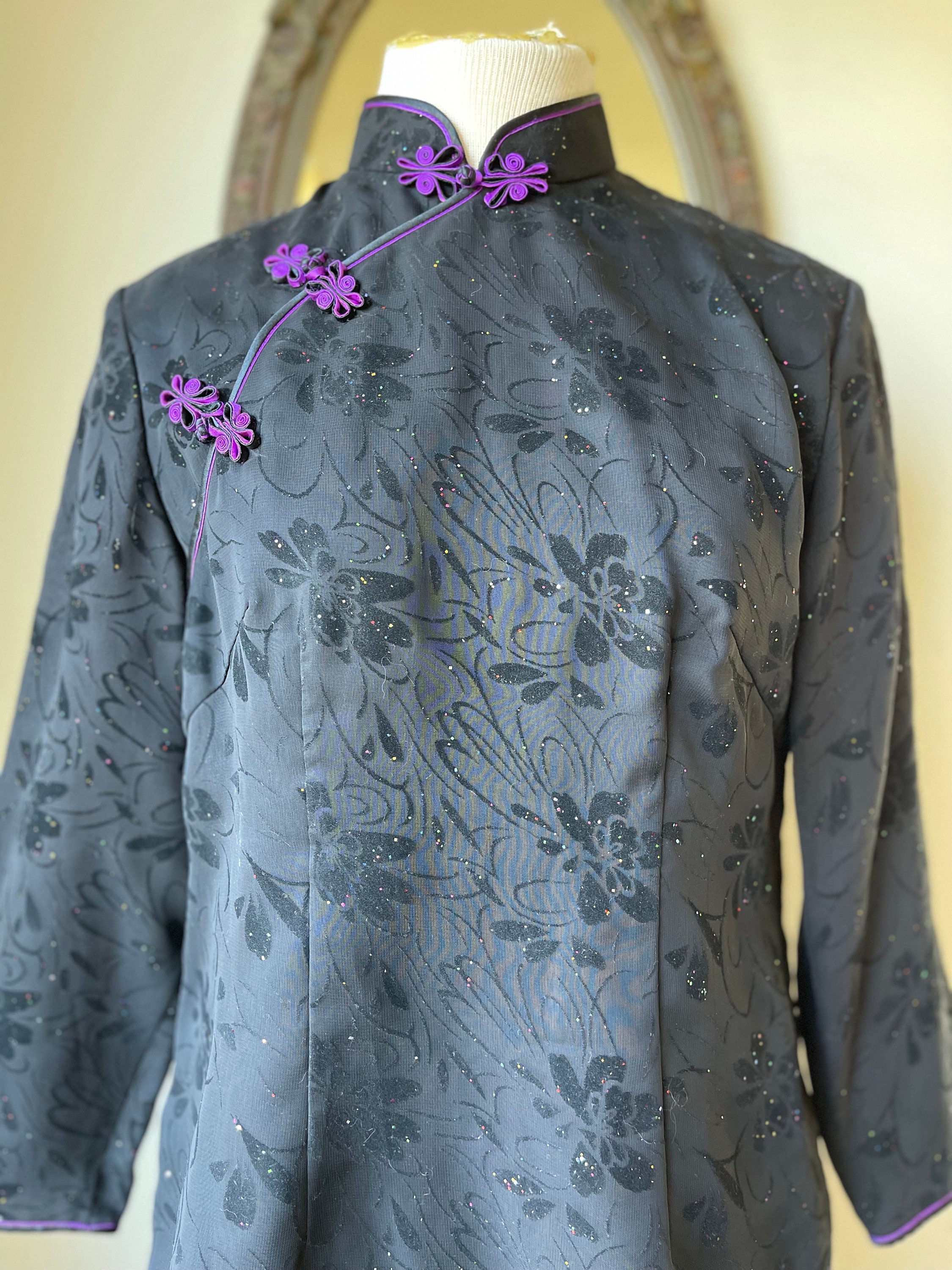 Vintage Two Piece Black Qipao Pantsuit, Purple Trim, Abstract, Floral ...