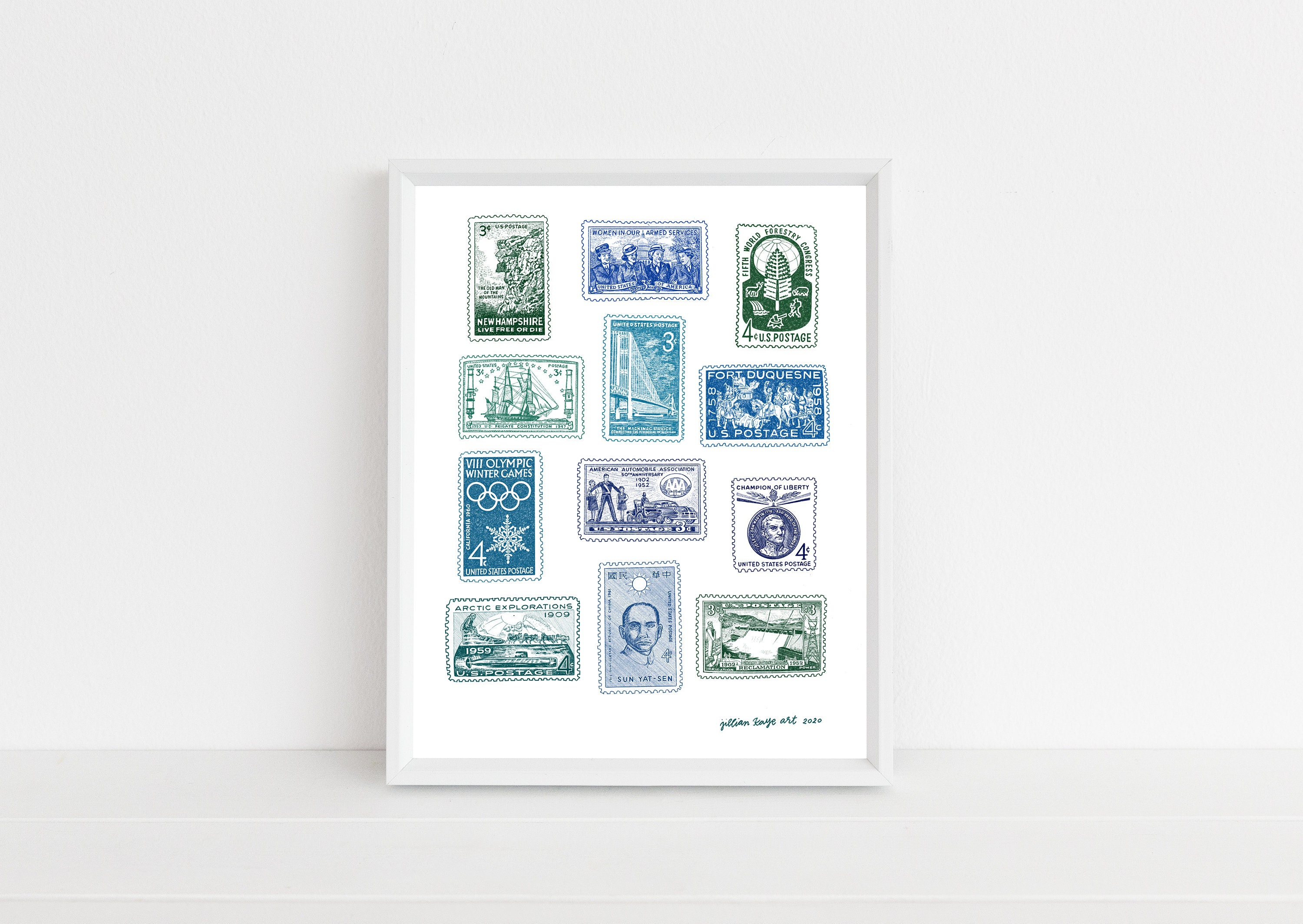Art Print of USPS Blue and Green Mid-century Postage Stamps for Mail ...