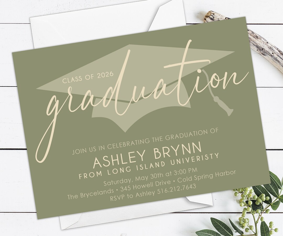Sage Green Graduation Party Invitation, School Colors Graduation Cap ...