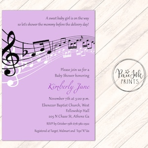 Purple Music Notes Baby Shower Invitation, Musical Baby Shower ...