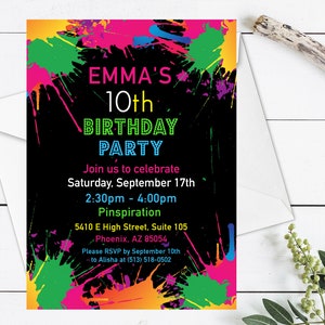 Paint Splash Invitation, Glow Party Invitation, Art Party Birthday ...