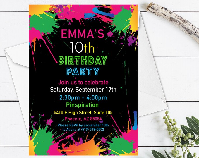 Paint Splash Invitation, Glow Party Invitation, Art Party Birthday ...