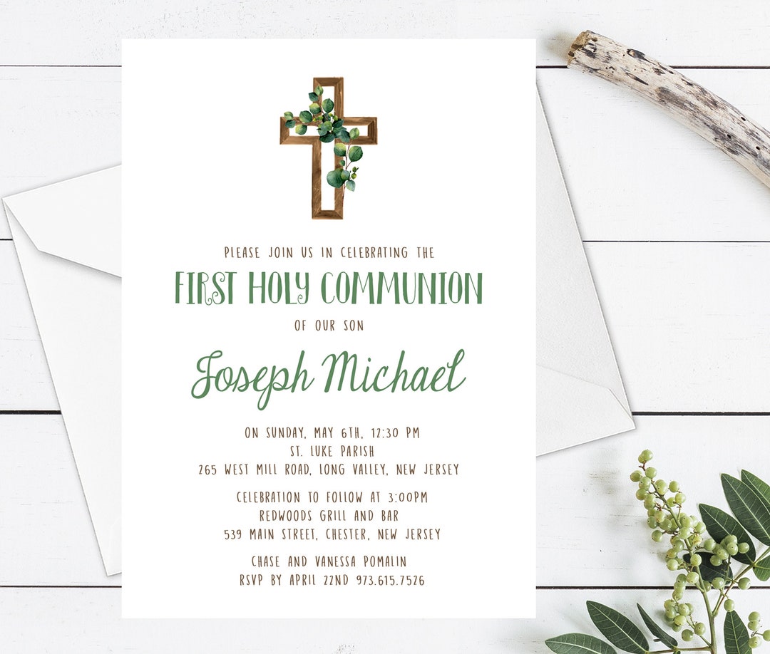 Rustic Communion Invitation, Sage Green First Holy Communion Invitation ...