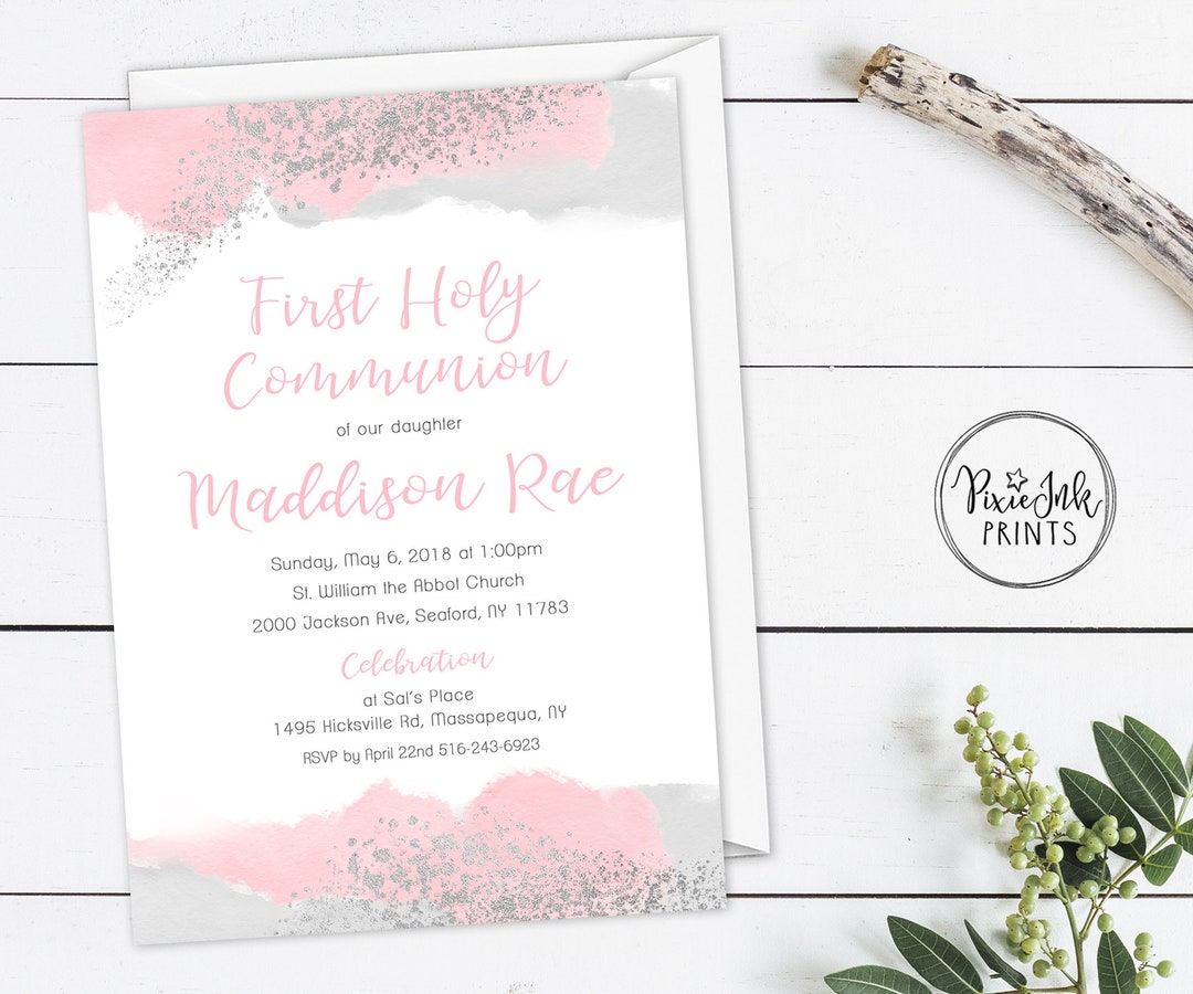 Pink Communion Invitation, Pink & Silver First Holy Communion ...