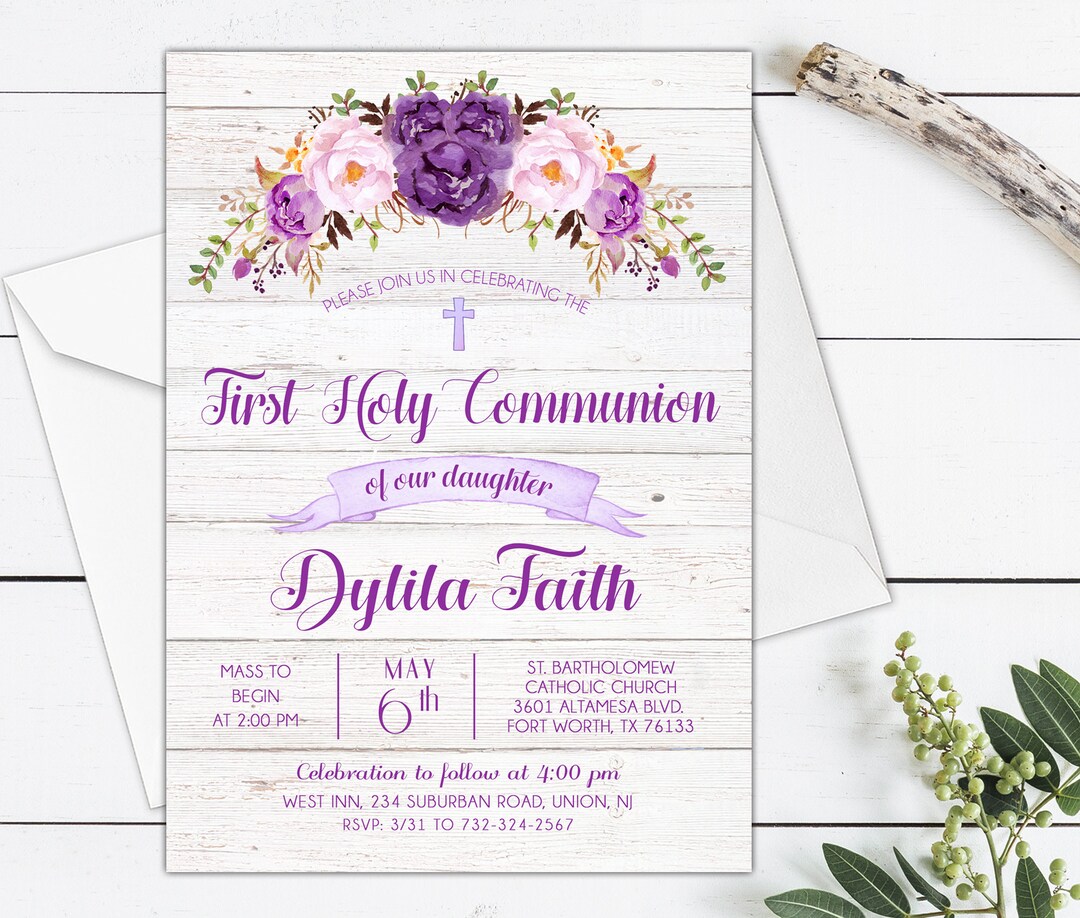 Purple Communion Invitation, Girl Communion Invitation, Purple Floral ...