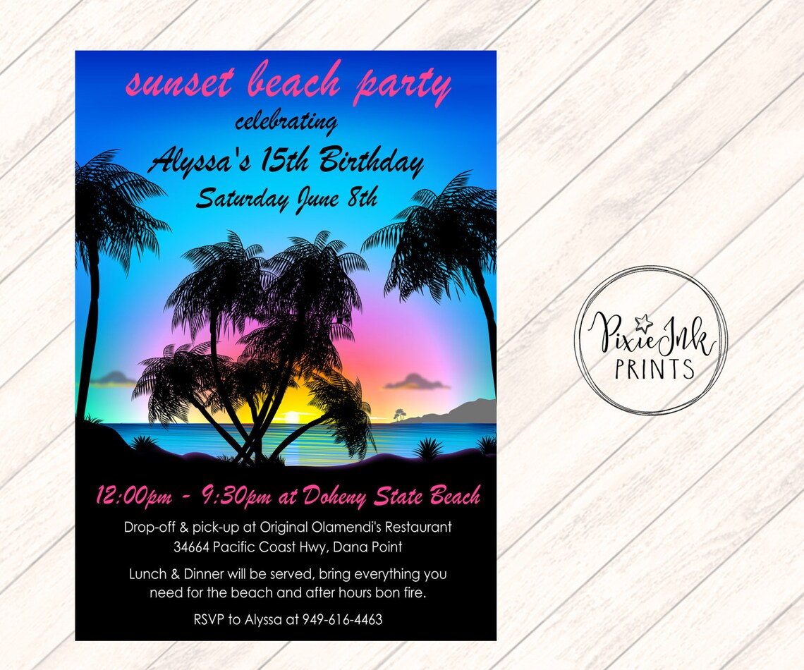 Sunset Beach Birthday Invitation, Beach Party Invitation, Beach ...