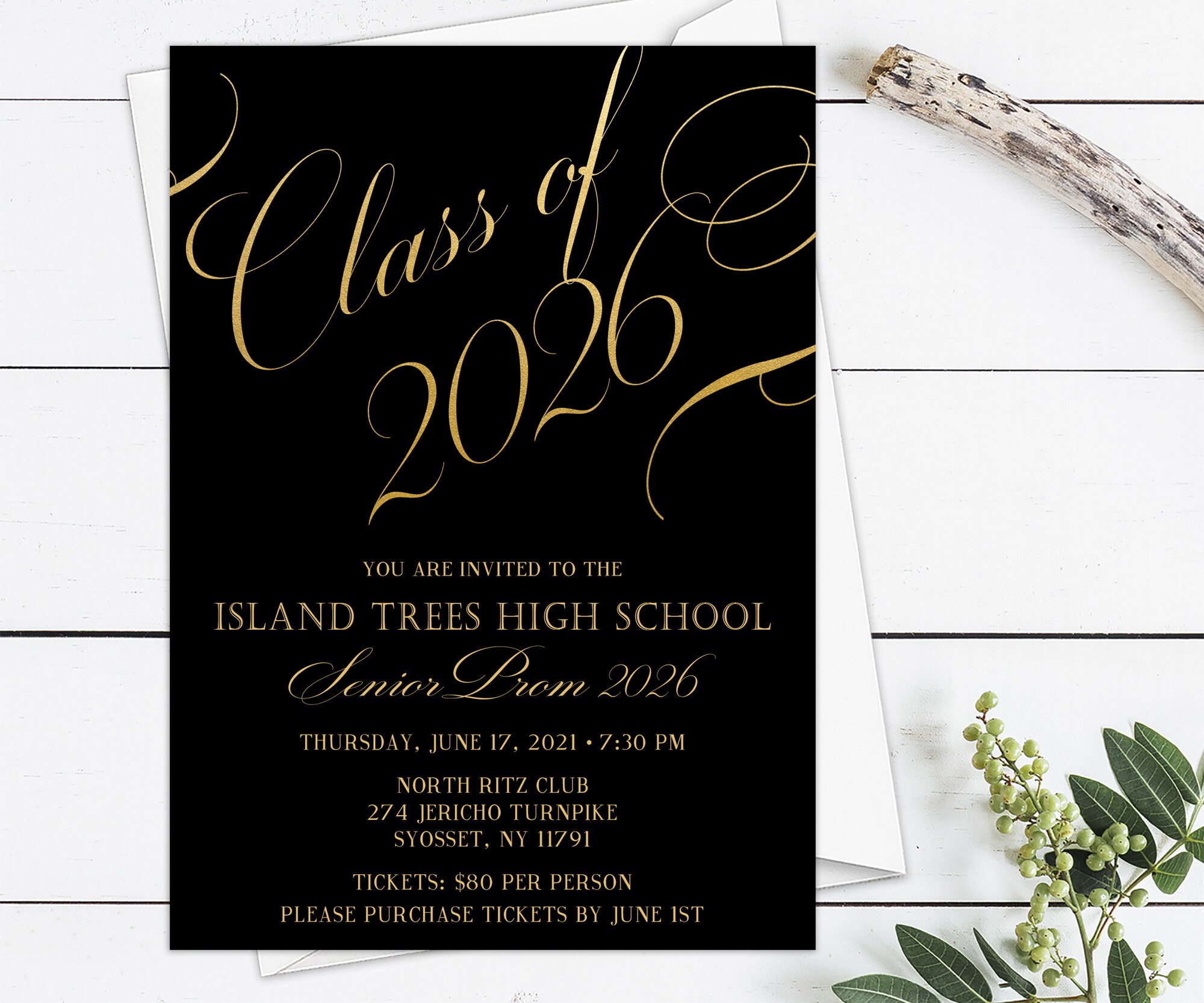 Senior Prom Invitation, Black and Gold Prom Invitation, High School ...