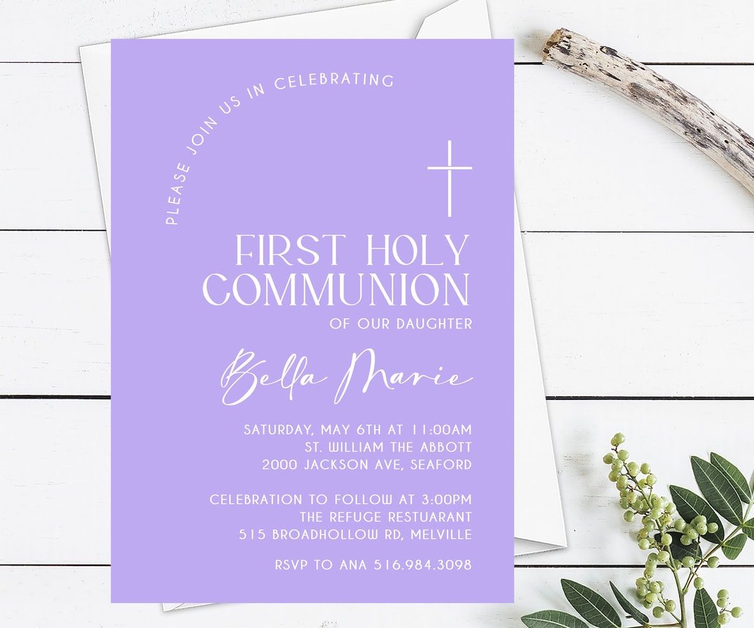 Lavender Communion Invitation, Girls Purple Communion Invitation, Lilac ...