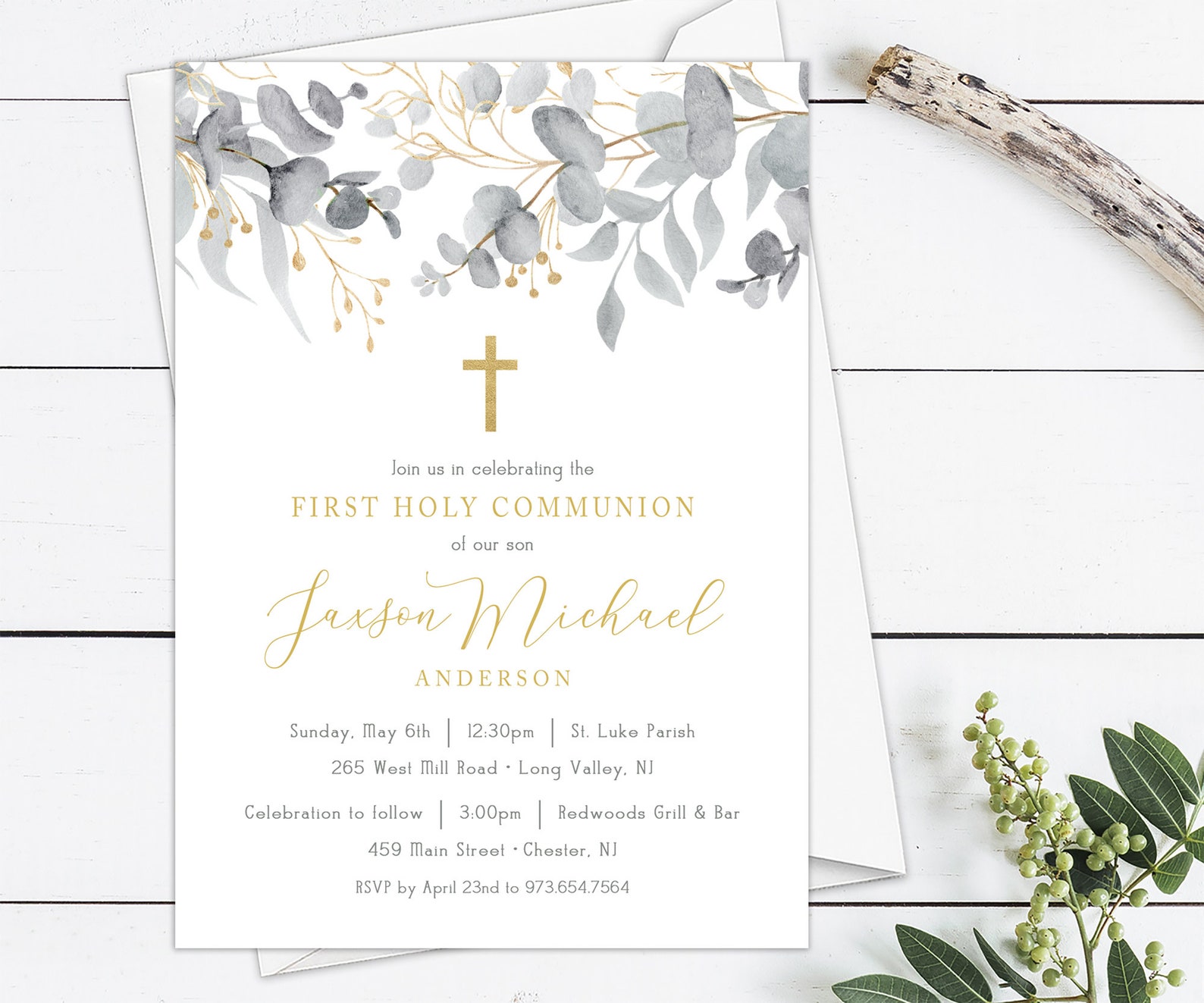 Slate Grey First Holy Communion Invitation, Grey and Gold 1st Communion ...