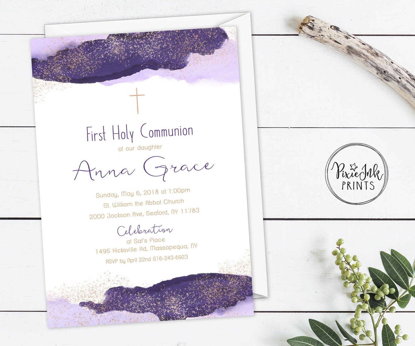 Purple Communion Invitation, Purple & Gold First Holy Communion ...