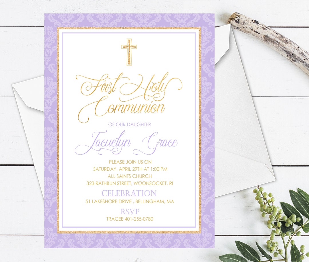 Purple & Gold Communion Invitation, First Holy Communion Invite, Purple ...