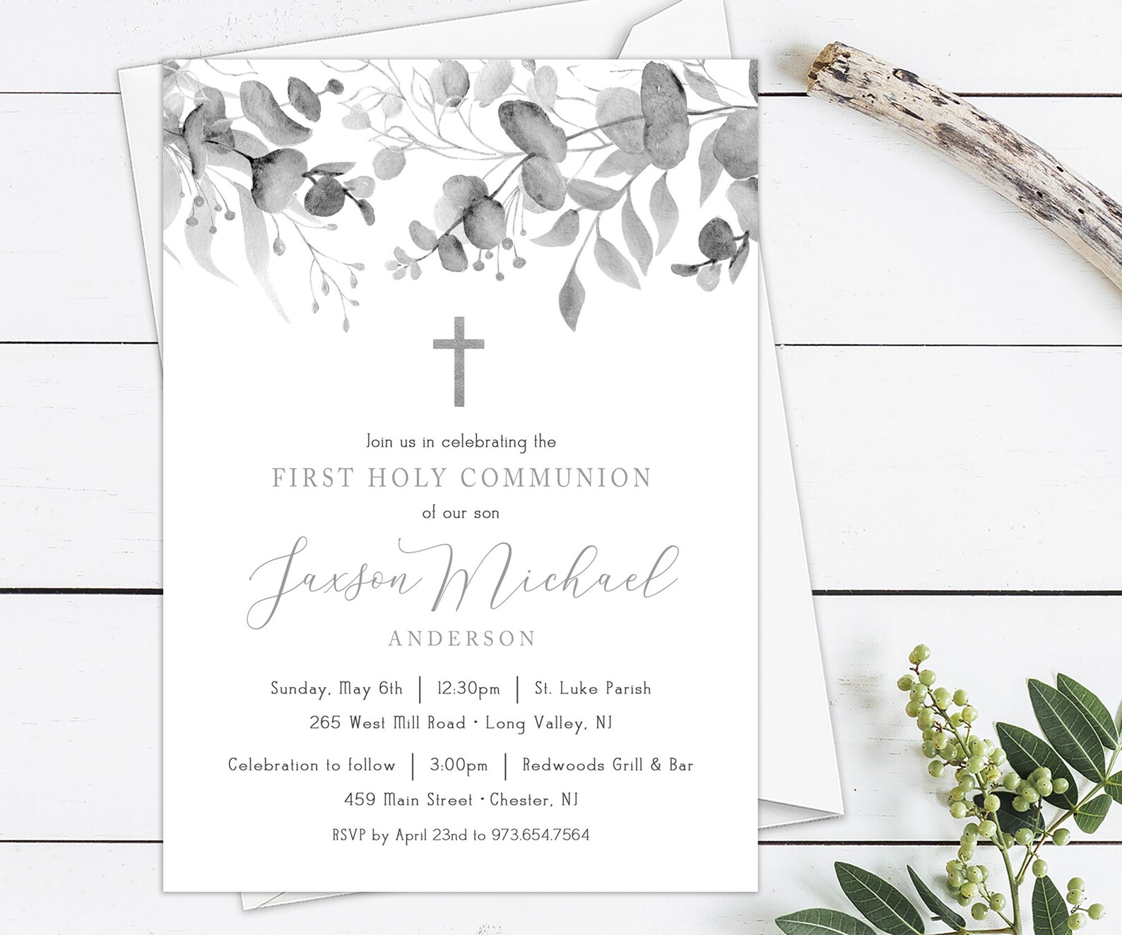 Slate Grey First Holy Communion Invitation, Grey and Gold 1st Communion ...