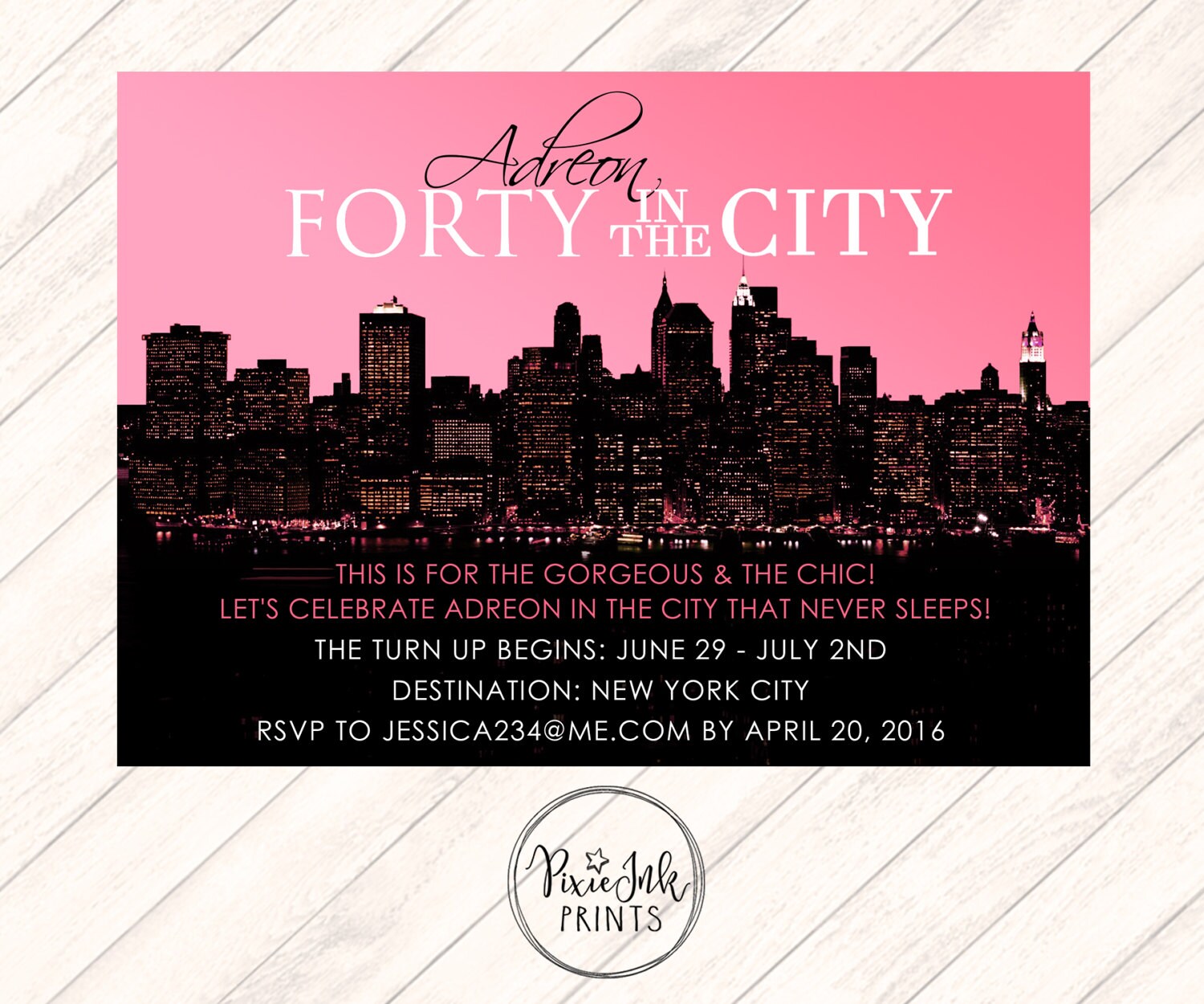 Forty in the City Skyline Invitation Pink Skyline Invitation - Etsy