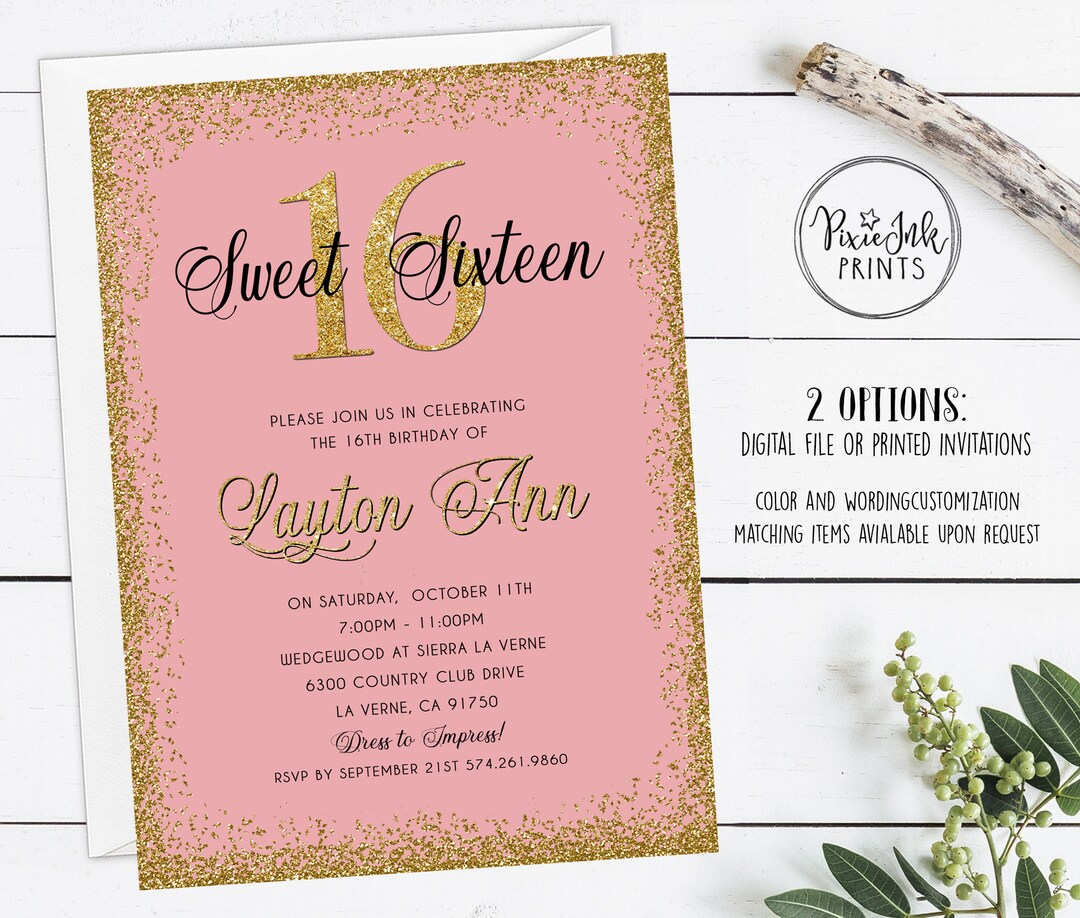 Pink & Gold Sparkle Sweet 16 Invitation, Pink Sweet 16 Invite, Glitter ...