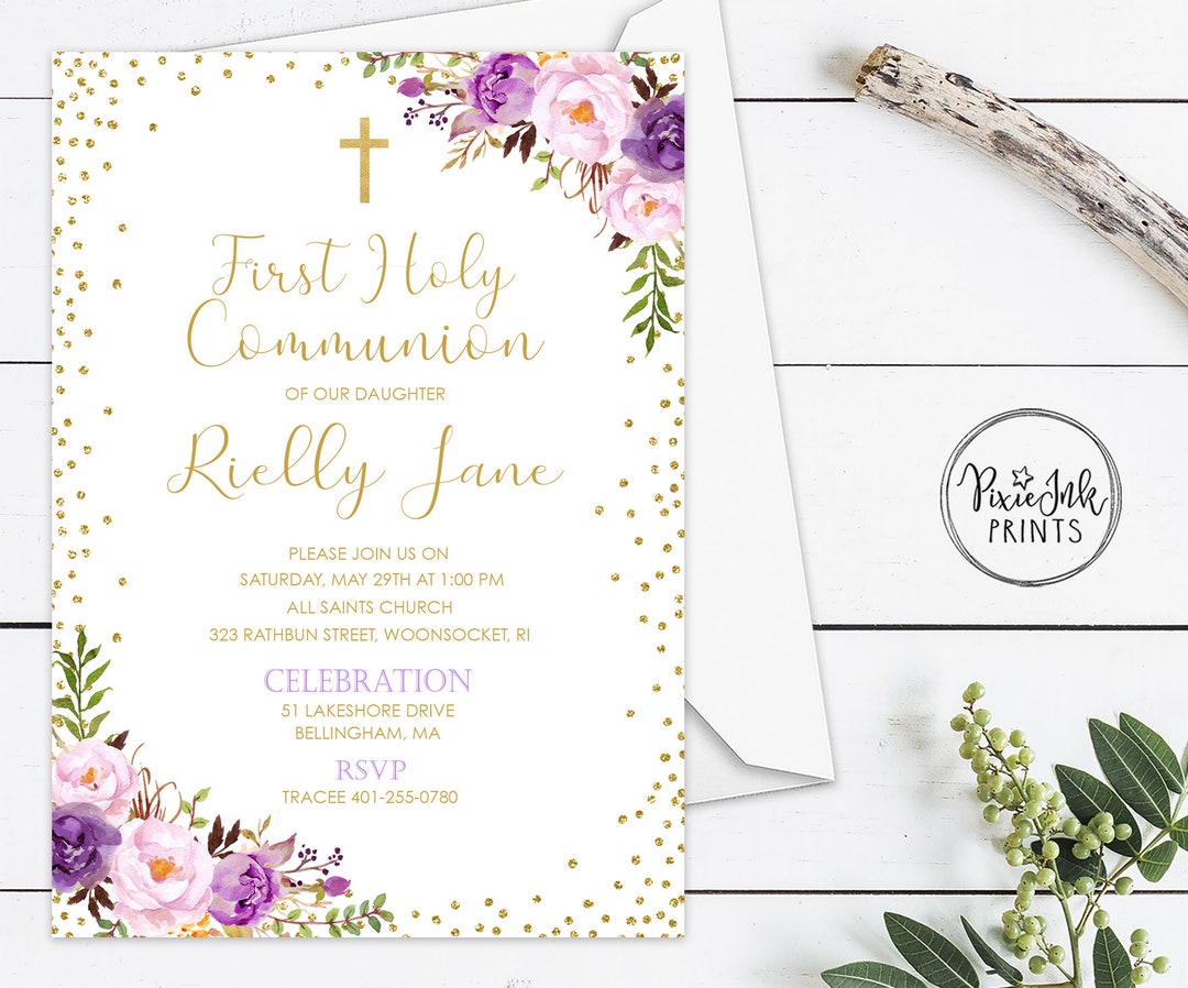 Purple Communion Invitation, Girl Communion Invitation, Purple Floral ...