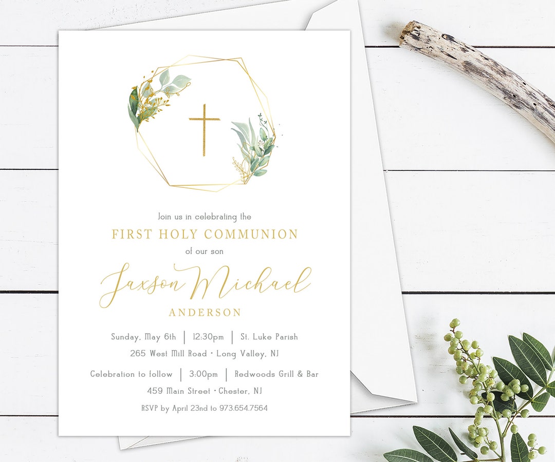 First Communion Invitations Boy, Gold Communion Invitations, First Holy ...