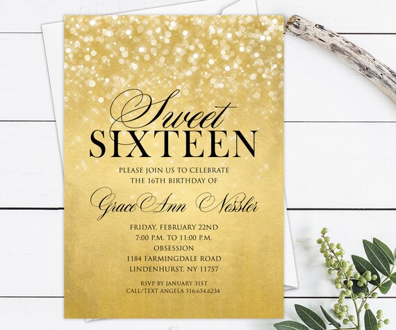 Gold Sweet 16 Invitation Gold Metallic Sweet Sixteen Digital | Etsy