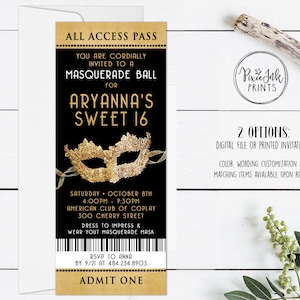 Masquerade Sweet 16 Invitation Ticket, Sweet Sixteen Ticket, Masquerade ...