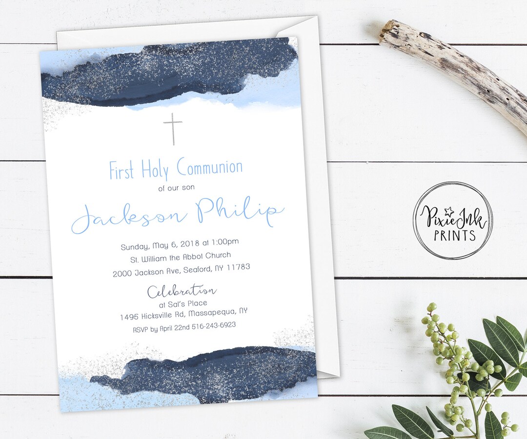 Communion Invitations, Navy Blue and Silver, First Holy Communion ...