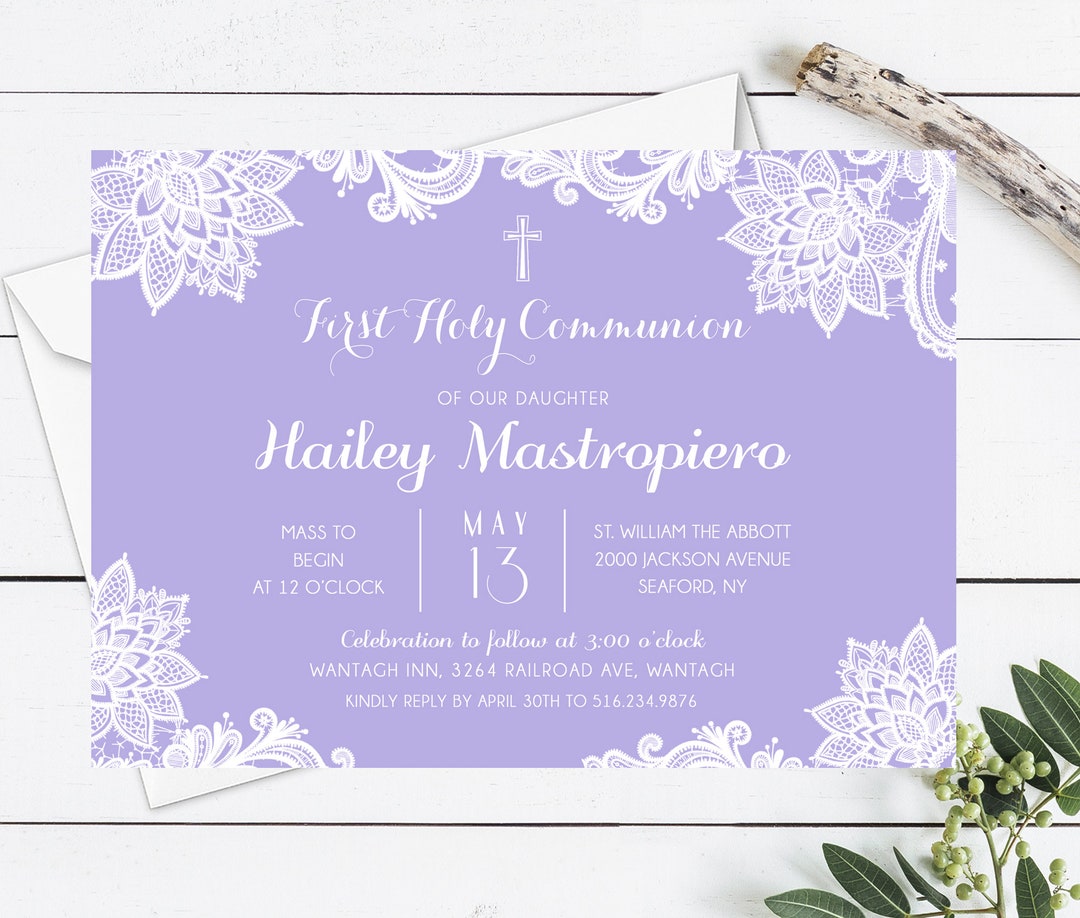 Communion Invitation Lace, Girl Communion Invitation, Purple First Holy ...