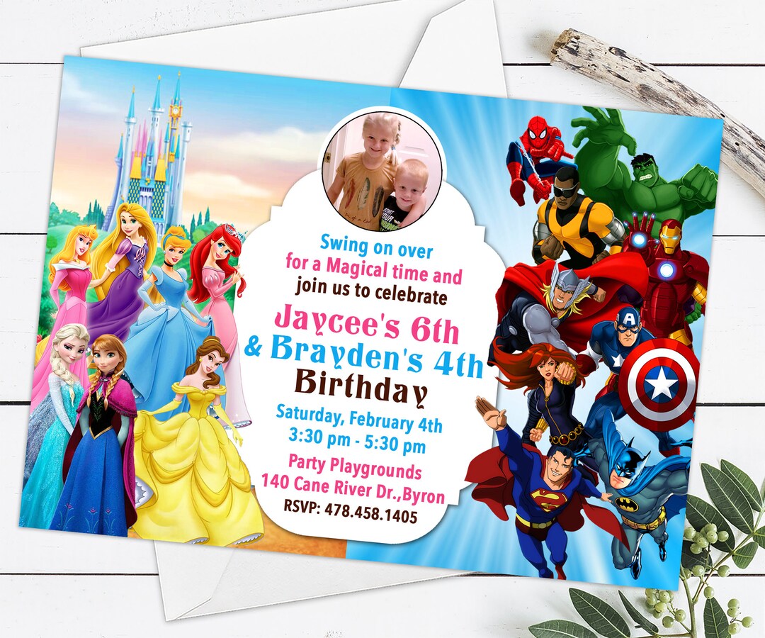 Superhero & Princess Invitation, Split Birthday Invitation, Split ...